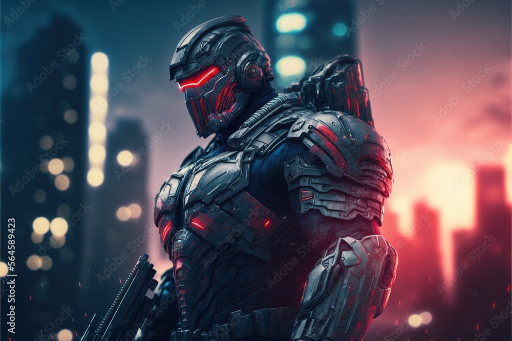 Armed super soldier with supersonic gun in the cyber city. cyberpunk ...