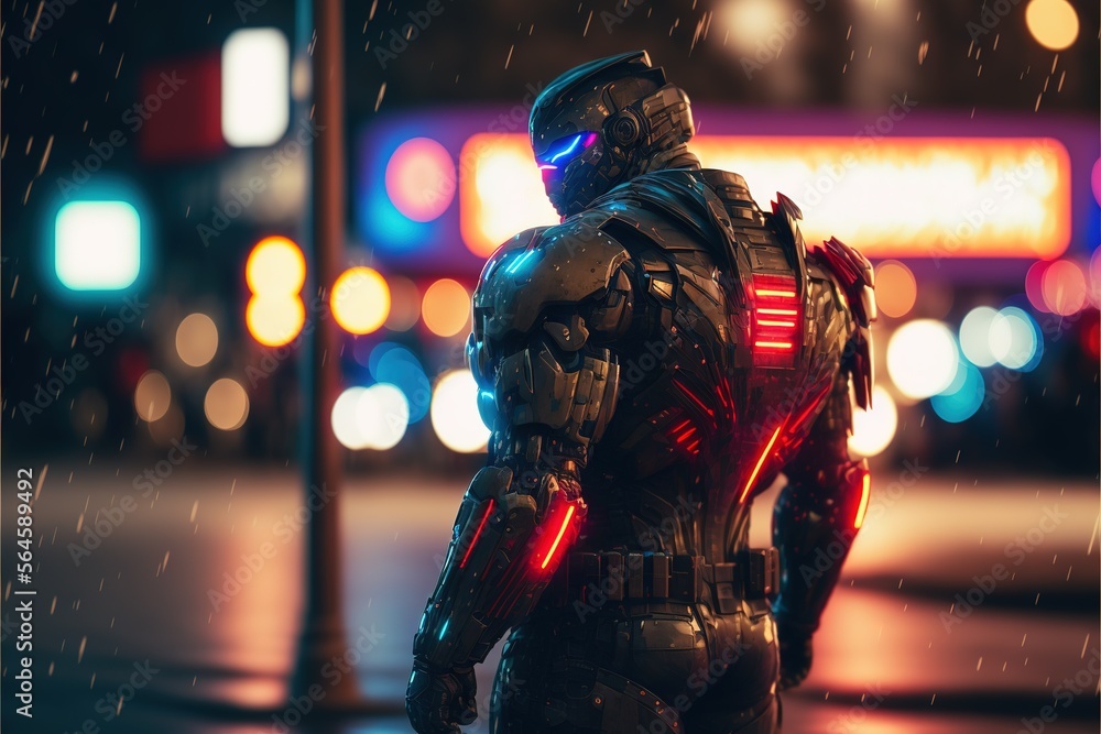 Armed super soldier with supersonic gun in the cyber city. cyberpunk ...