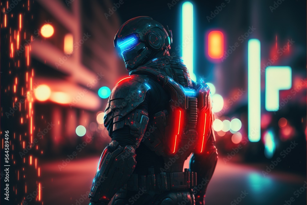 Armed super soldier with supersonic gun in the cyber city. cyberpunk ...