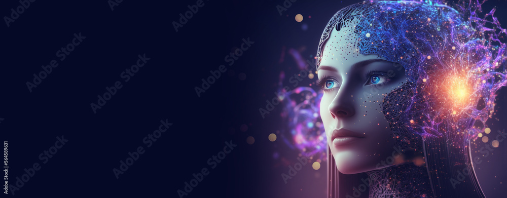 Artificial intelligence, a humanoid cyber girl with a neural network thinks. Artificial ...