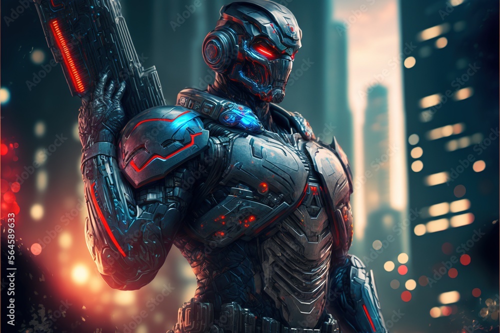 Armed super soldier with supersonic gun in the cyber city. cyberpunk ...