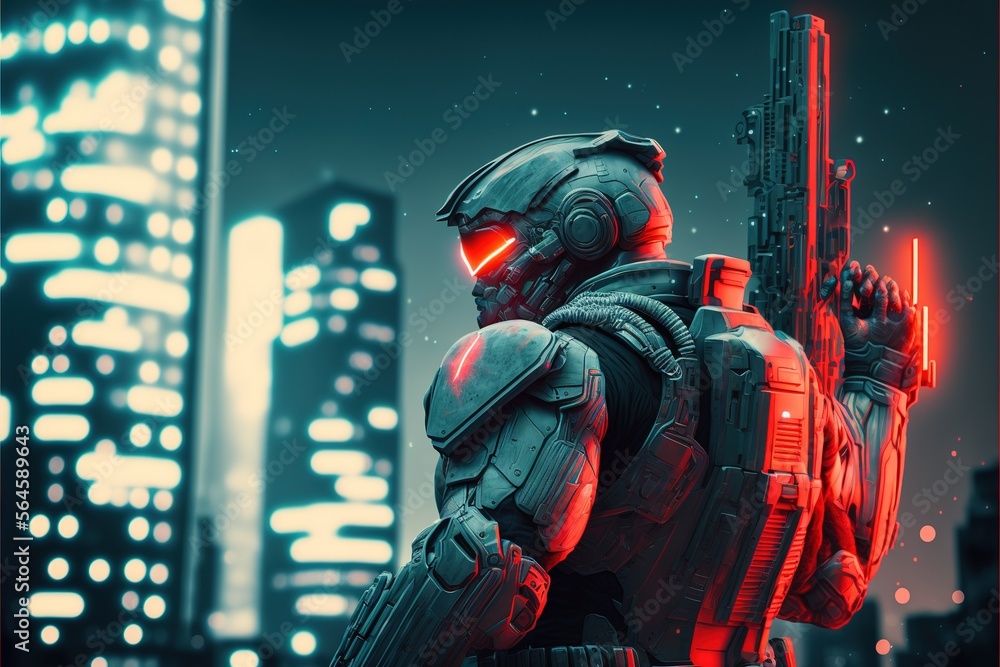 Armed super soldier with supersonic gun in the cyber city. cyberpunk ...