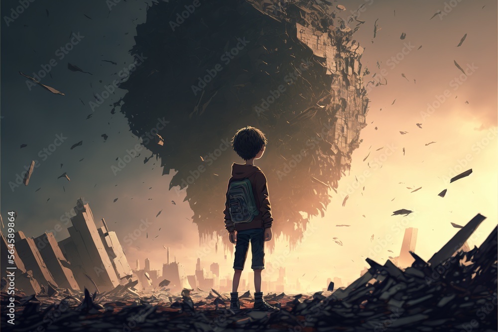Boy standing on the ground and Earth destruction. digital style ...