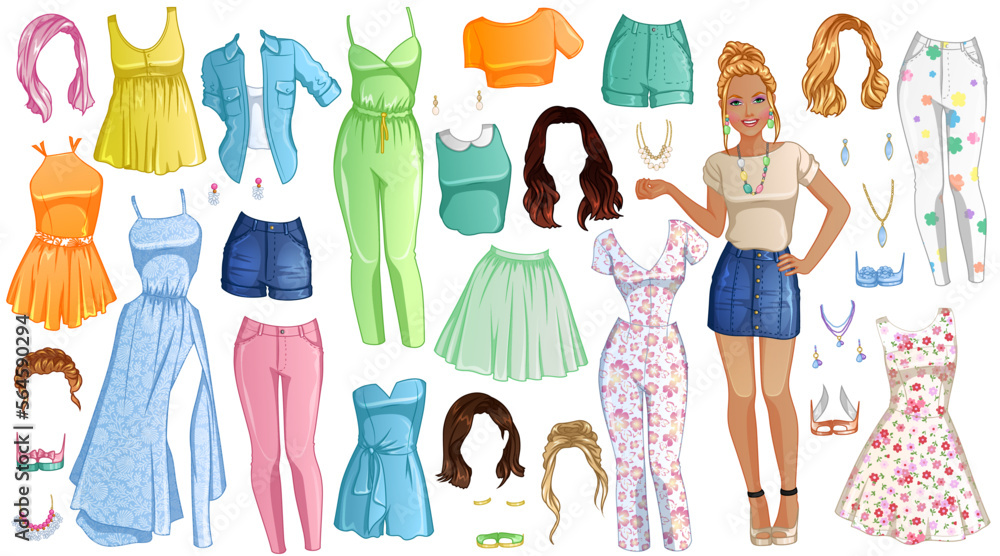 Vecteur Stock Spring Time Paper Doll with Beautiful Lady, Outfits ...