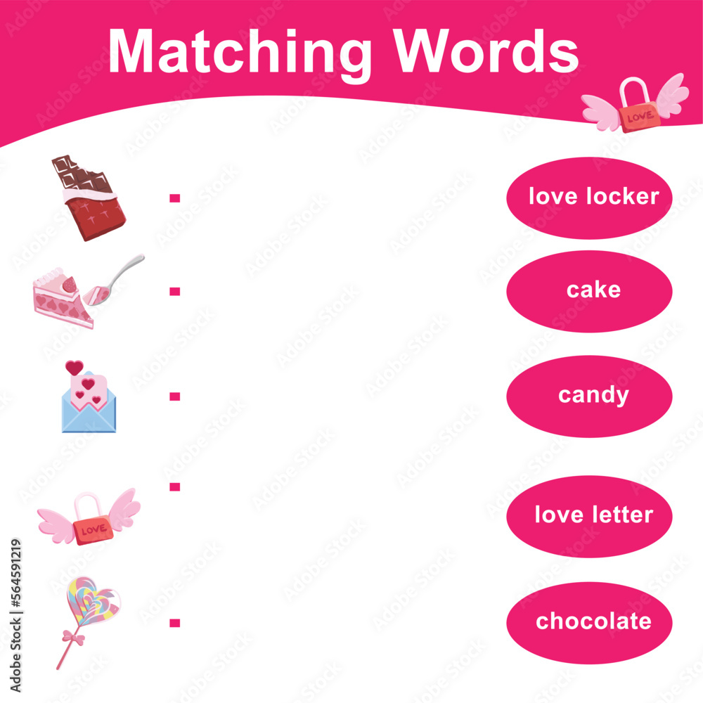 Matching words with images of valentine items. Matching words game for ...