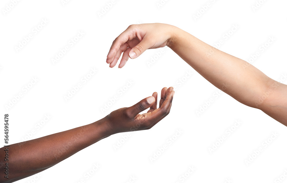 Two women reaching their hands out to each other isolated on a PNG ...