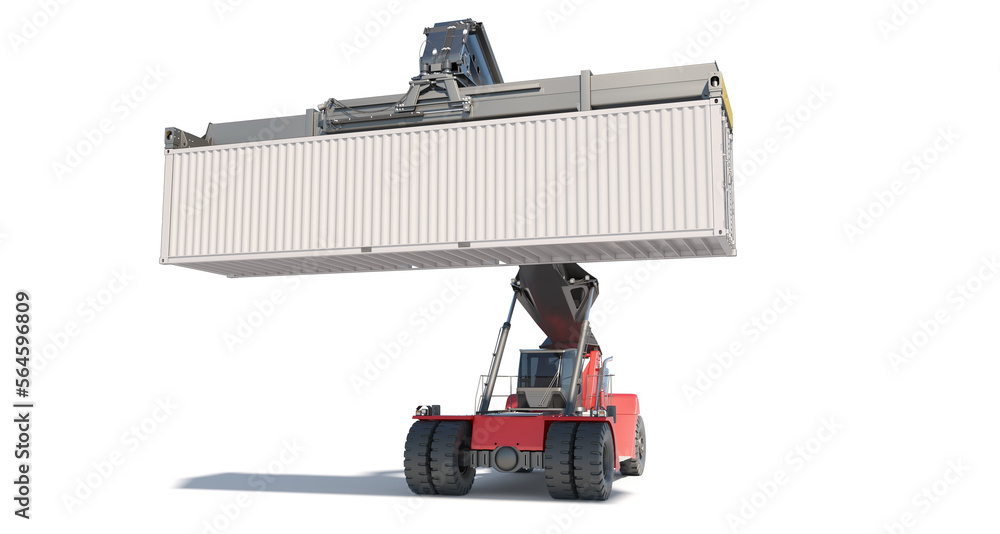The red reach stacker (loader) lifts and loads a white sea container ...