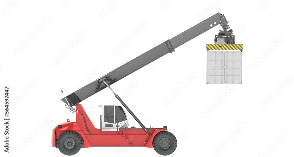 The red reach stacker (loader) lifts and loads a white sea container ...