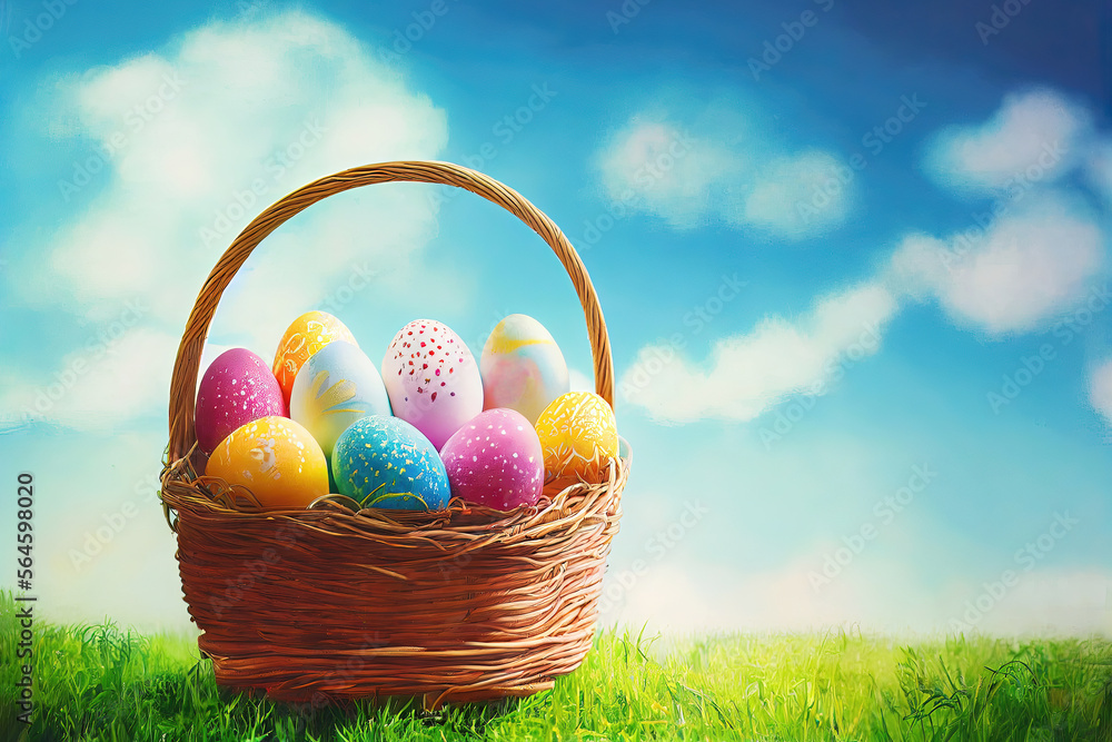 Easter basket with colorful easter eggs as easter background ...