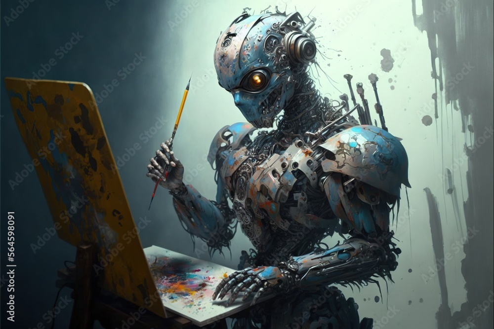 Robot drawing masterpiece on canvas ai artist generative ai Stock ...