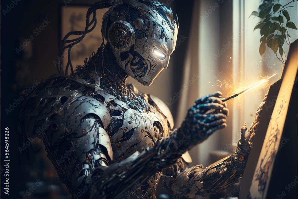 Robot drawing masterpiece on canvas ai artist generative ai ilustración ...