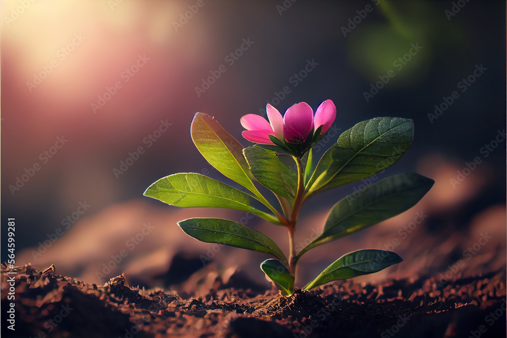 Young sprout with an open bright pink flower on top, in the morning ...