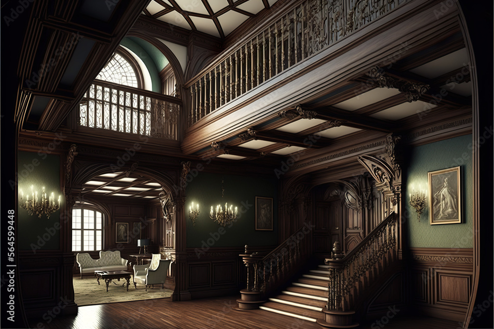Dark gothic mansion victorian style interior with staircase and lamp ...