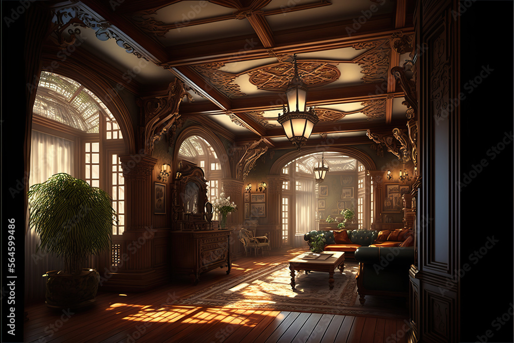 Dark gothic mansion victorian style interior with staircase and lamp ...