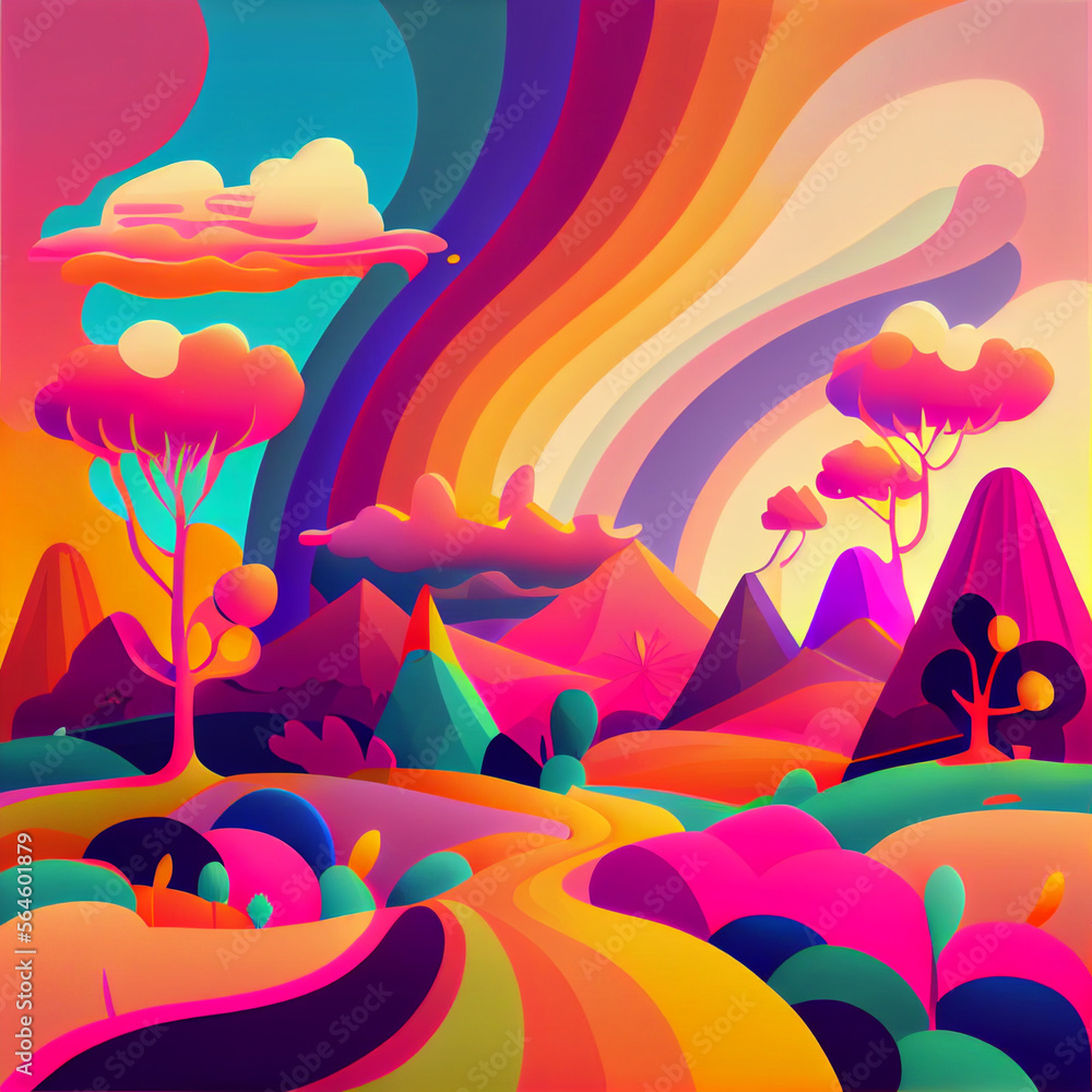 Colorful psychedelic landscape flat cartoon style wallpaper. 70s Hippie ...