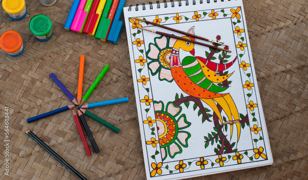 Beautiful handmade or hand painted Madhubani or Mithila painting of Bihar. It is a traditional ...