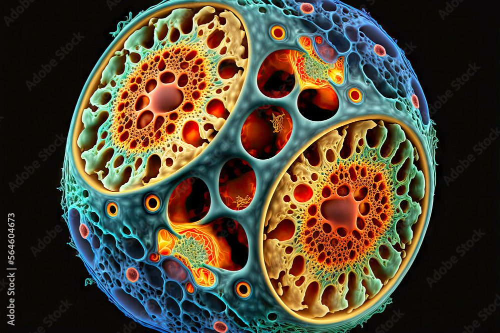 spherical cell with membranes and nuclei in enlarged model of cell ...