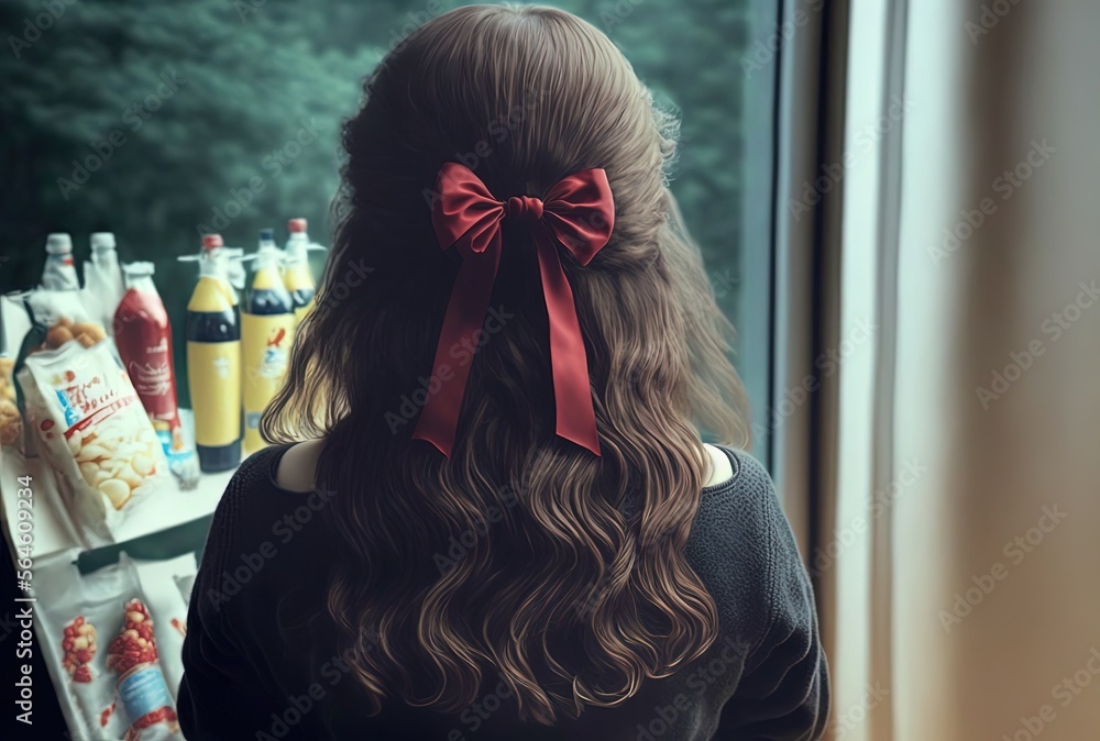 backside of a girl wearing red ribbon hair dress at grocery store ...