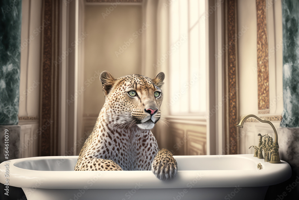 Leopard taking bath in the bathroom. Big feline in the bathtub. AI ...