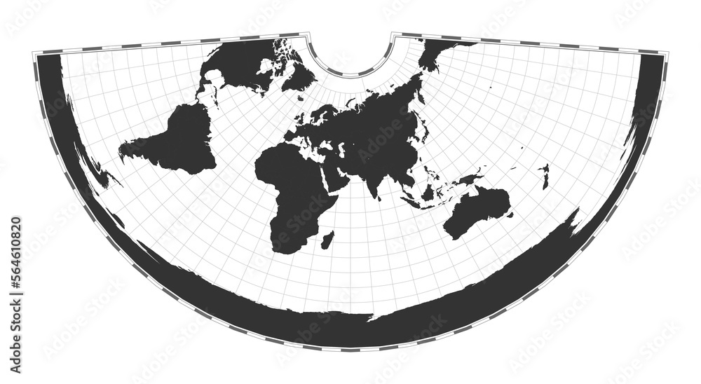 Vector world map. Conic equidistant projection. Plain world ...