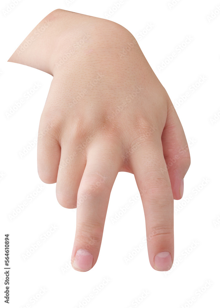 Mano con dos dedos para abajo sobre fondo blanco. Hand with two fingers ...