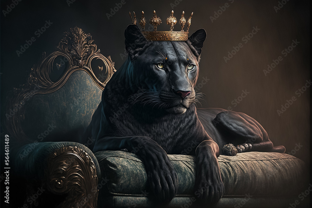 A black panther dressed as a queen with a crown in a luxury couch ...