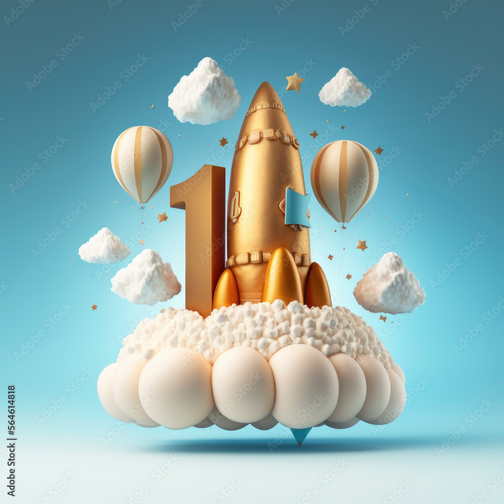Boys first birthday, astronaut rocket themed gold spaceship on cloudy ...