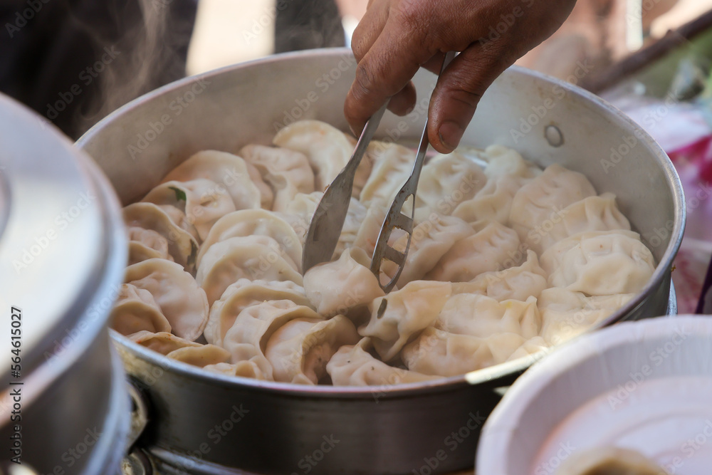 Vegetarian traditional dumpling momos. Tibetan momo Street food in Mall ...