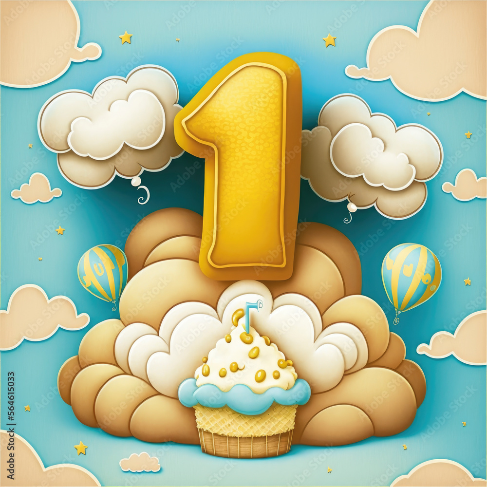 boys first birthday themed digital art large number one on cloud ...