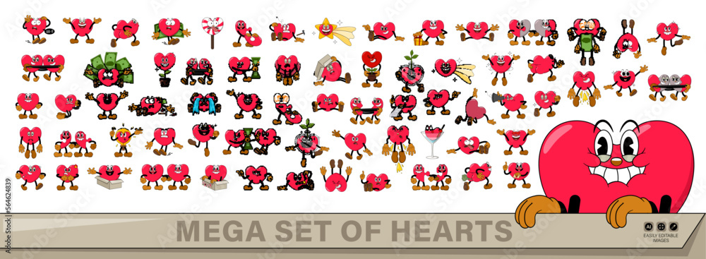 Mega set of comic red hearts characters in retro cartoon style on ...