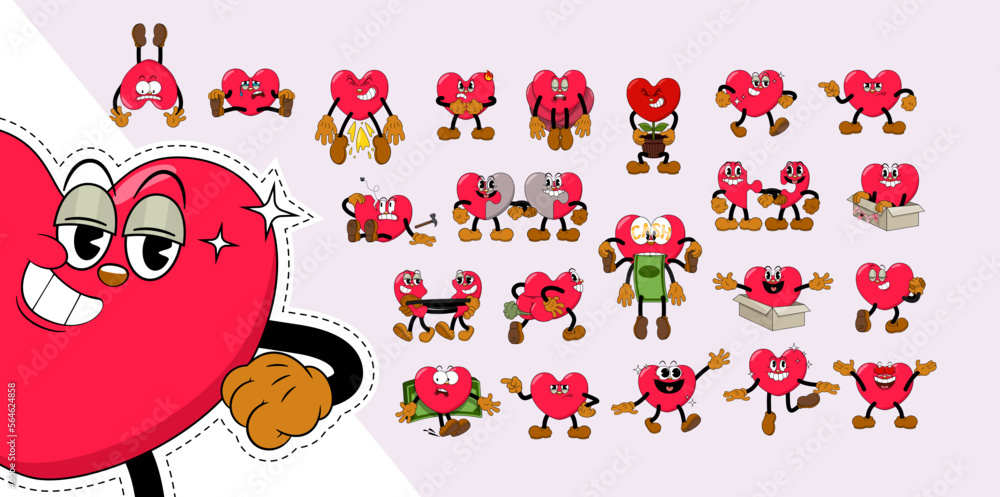 Big set of comic red hearts characters in retro cartoon style on ...