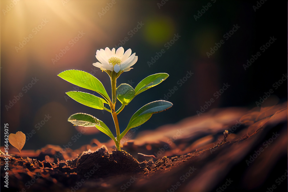 Young green sprout with an open bright white flower on top, in the ...