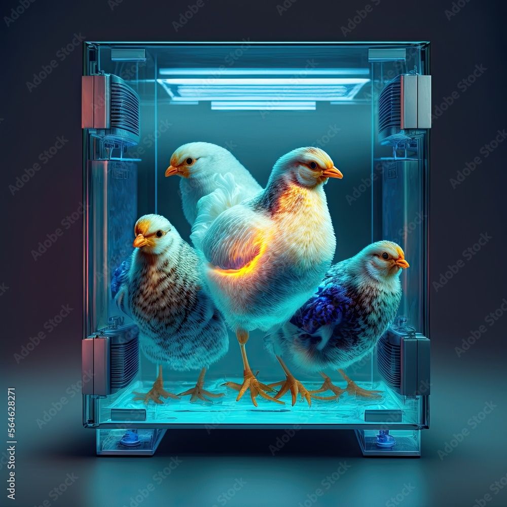 Chickens in glass incubator, lab grown chickens, future of poultry ...