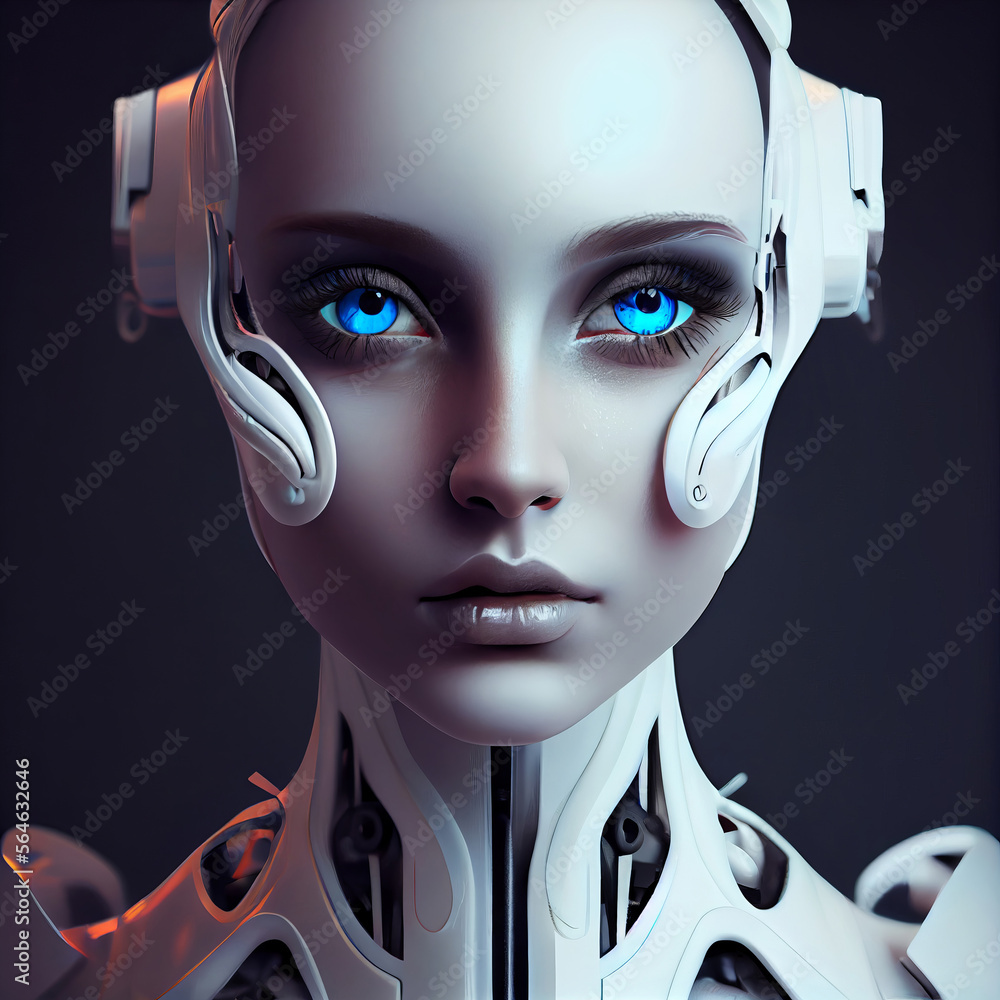 Robot android girl with blue eyes in black background crated with ...