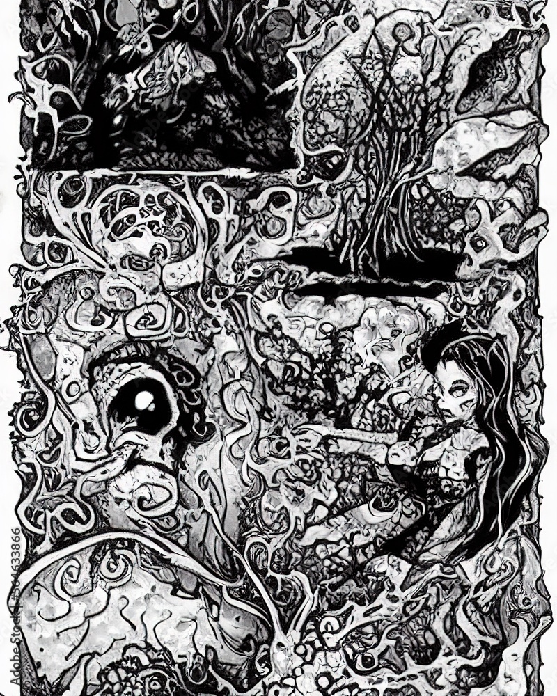 Fantasy horror black ink pen doodle drawing of a ghostly girl figure ...