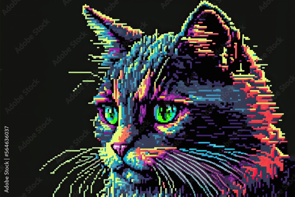 colorful cat close-up pixel art, black background illustration ...