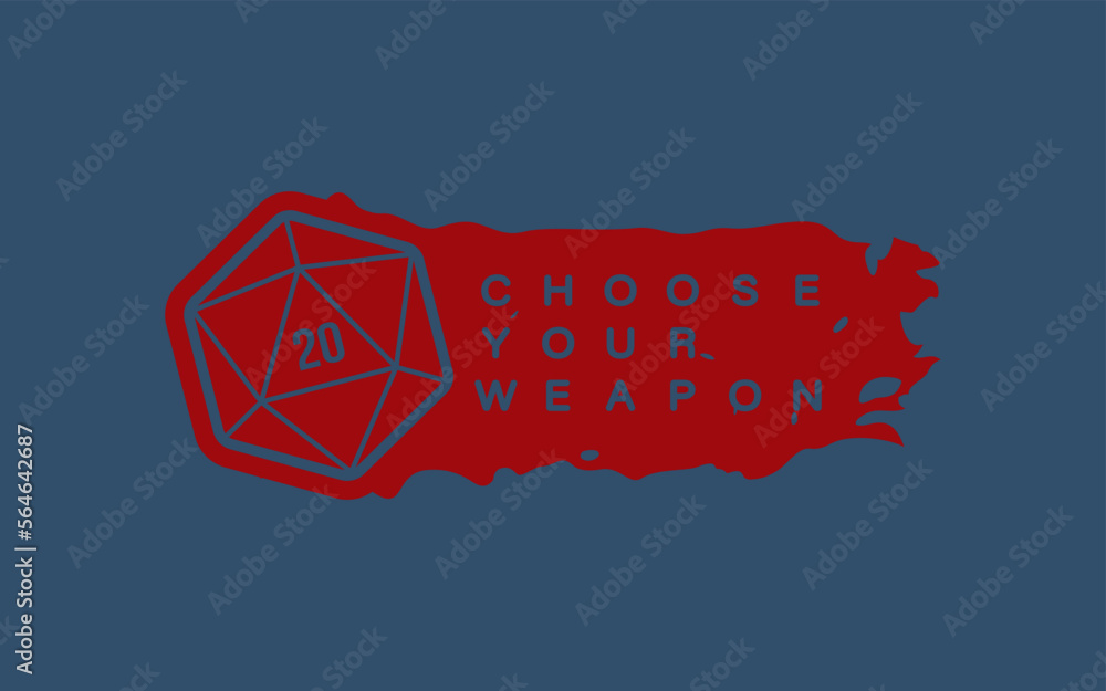 Vector line dice 20 sided and red torn cloth. Board games. Text: Choose ...