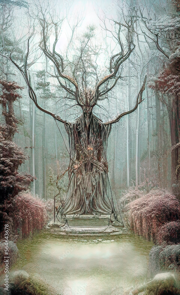 Fantasy tree growing in a God-like or Cernunnos figure shape in a misty ...