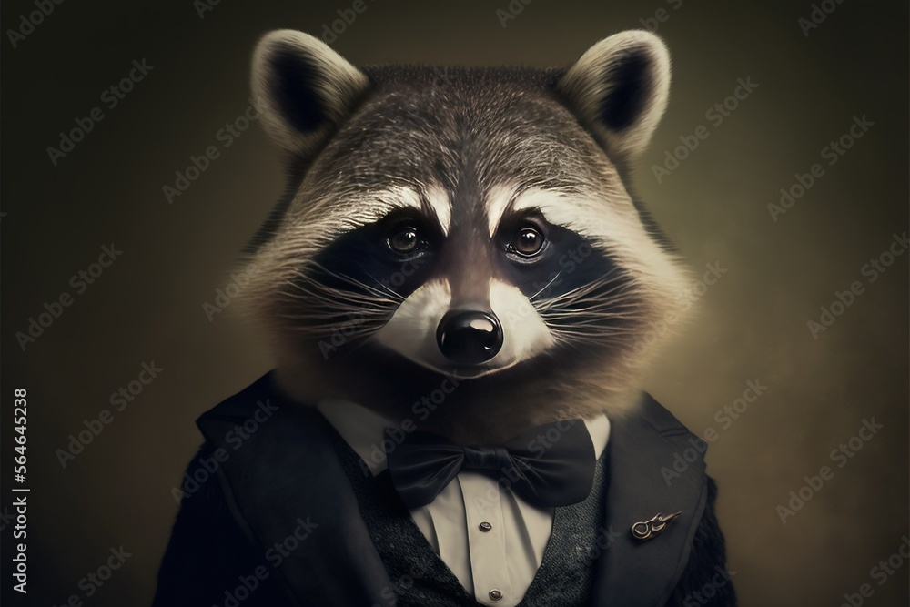 Photorealistic portrait of a cute raccoon dressed in a stylish business ...