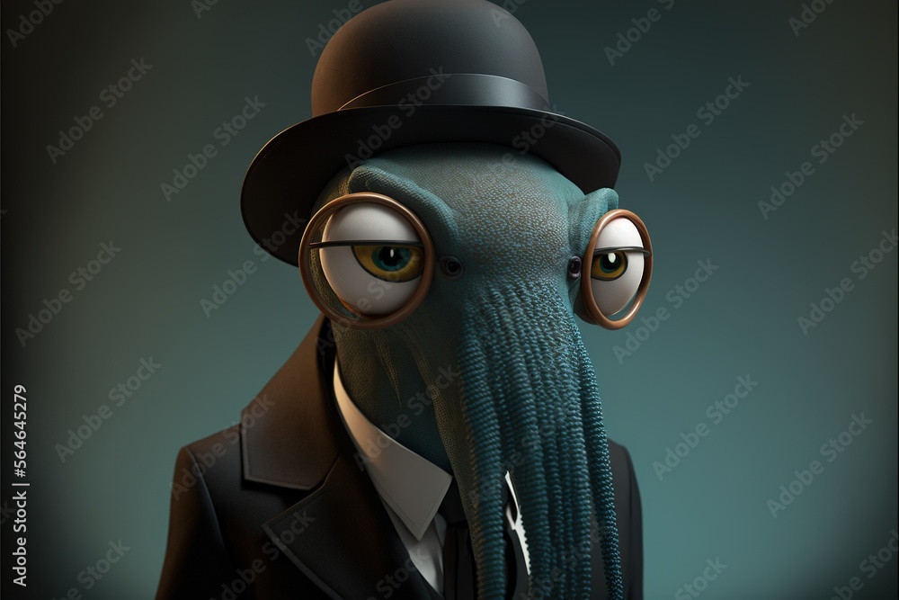 Photorealistic portrait of a squid dressed in a stylish black business ...