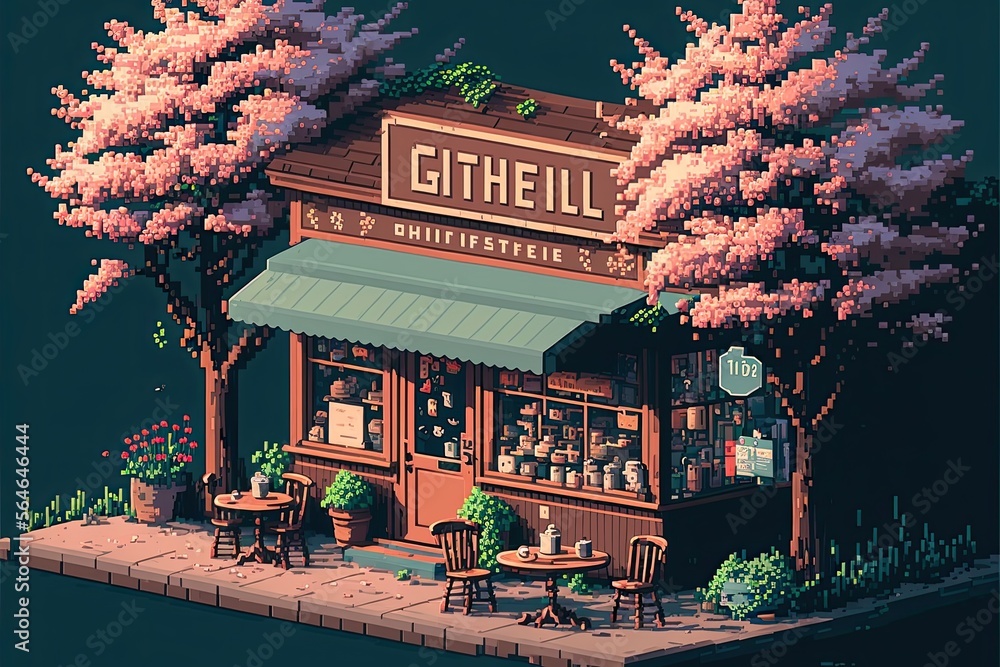 Pixel art coffee shop in park with trees, facade of old coffee shop ...