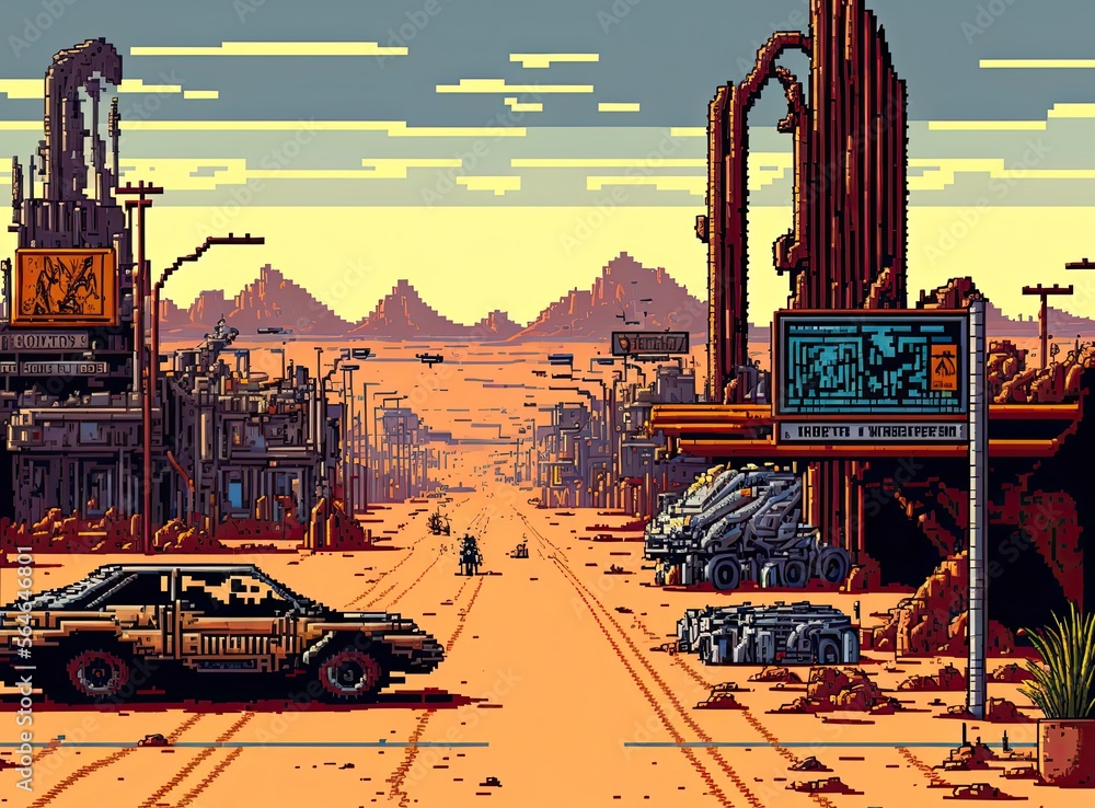 Pixel art destroyed city in post-apocalyptic world, background in retro style for 8 bit game ...