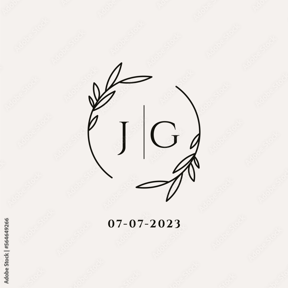 Letter JG wedding monogram logo design with simple natural circle leaf frame Stock Vector ...