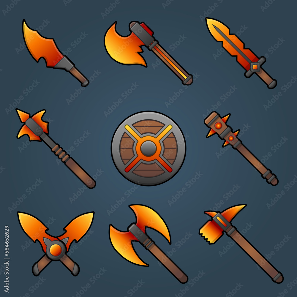 Cartoon weapon icons set with colorful sword, knife, sword, shield made ...