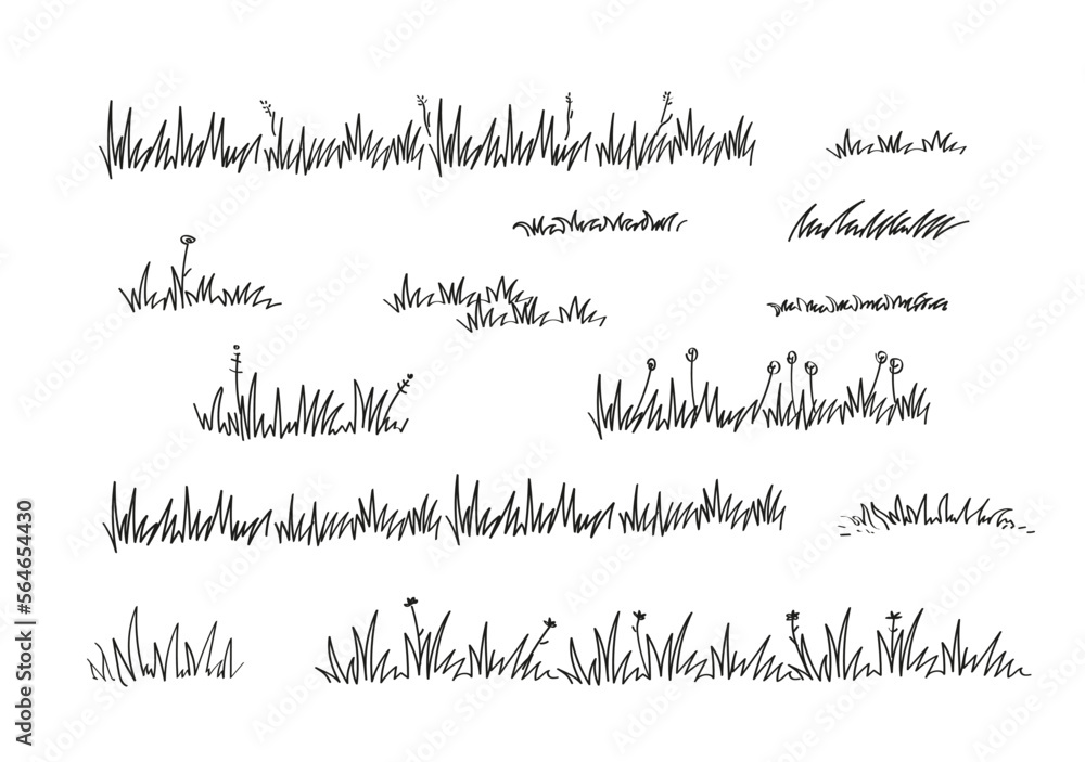 Grass bush line hand drawn scribble lawn outline icon set. Vector ...