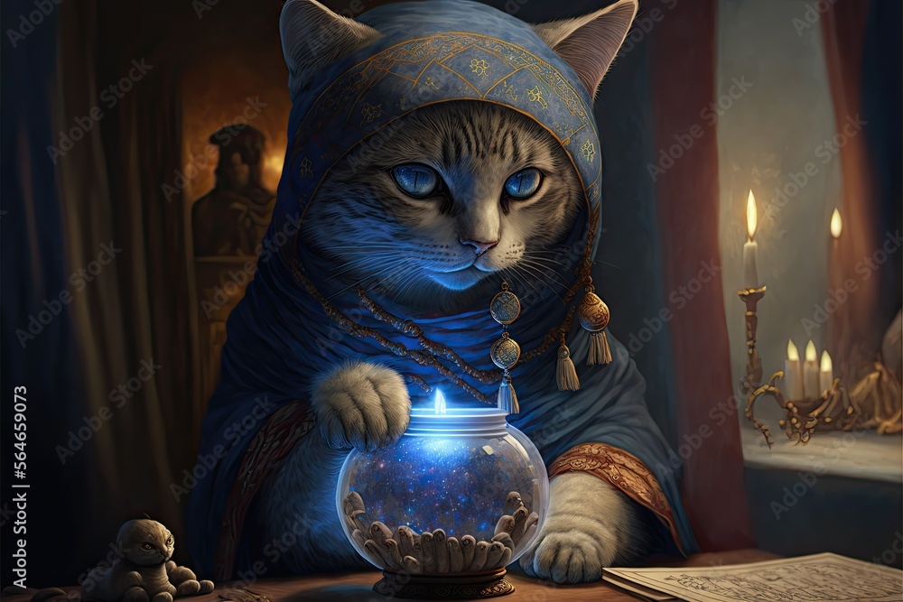 a fortune teller grey tabby cat with blue eyes, veil and a magic ...