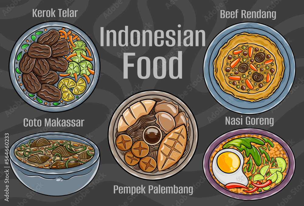 Indonesian food. A set of classic dishes. Cartoon hand drawn ...