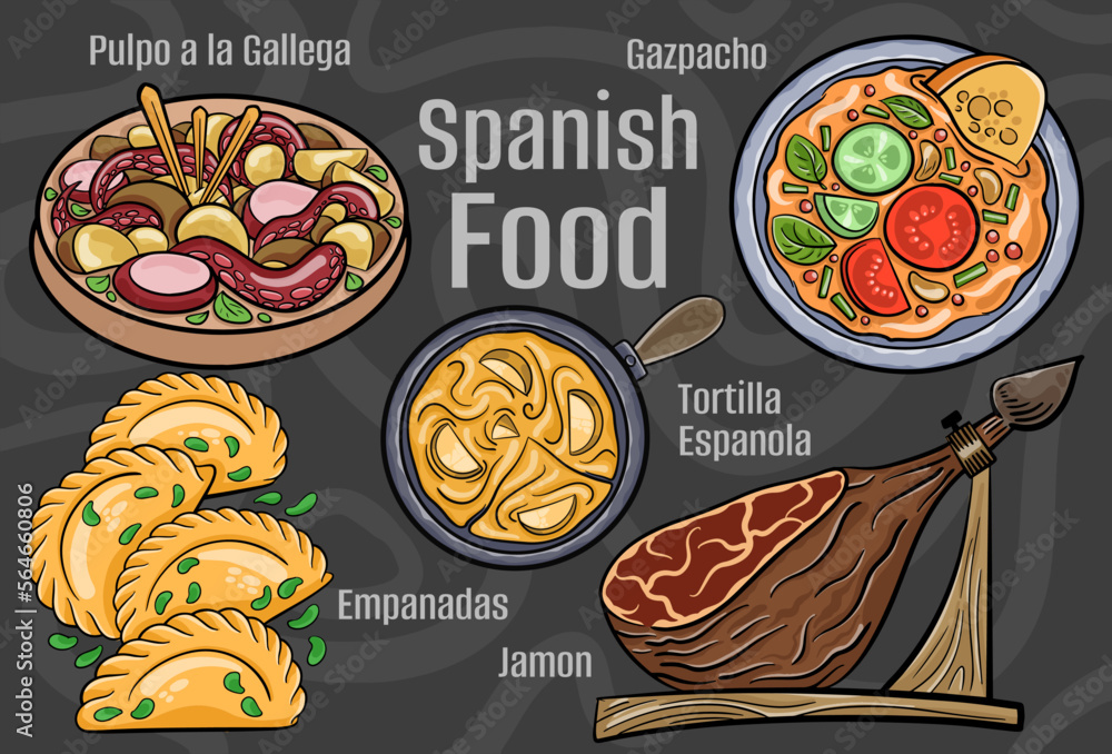 Spanish food. A set of classic dishes. Cartoon hand drawn illustration ...