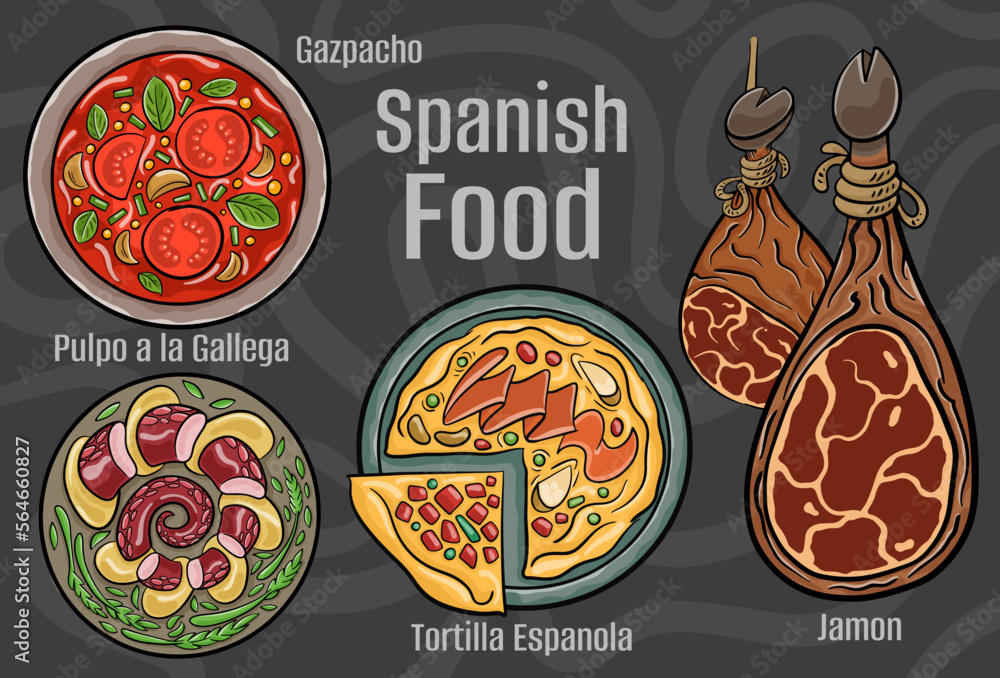 Spanish food. A set of classic dishes. Cartoon hand drawn illustration ...