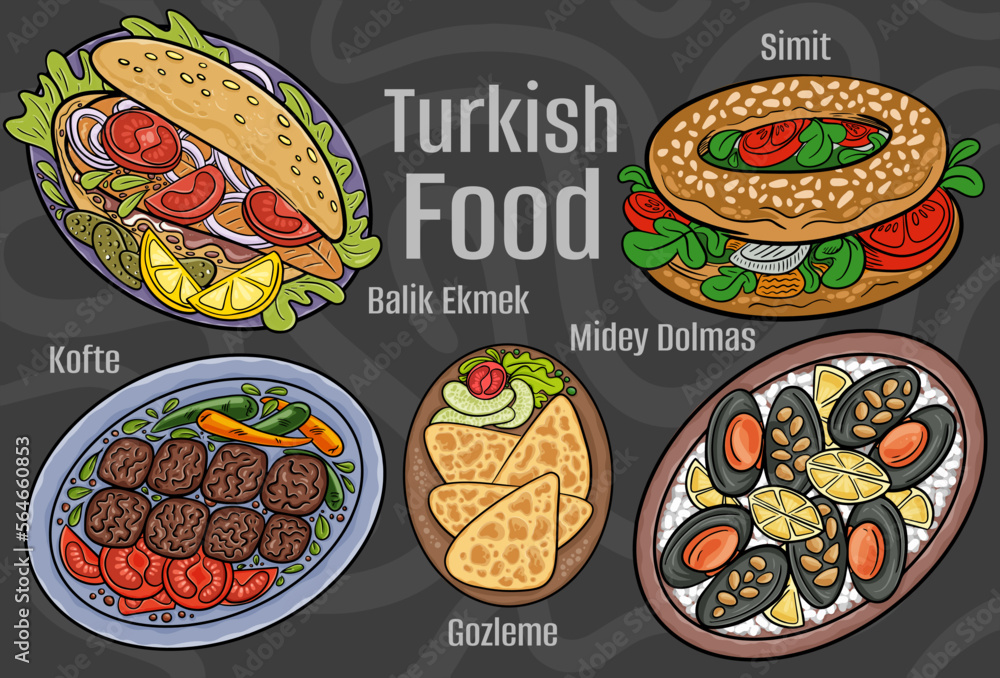 Turkish food. A set of classic dishes. Cartoon hand drawn illustration ...